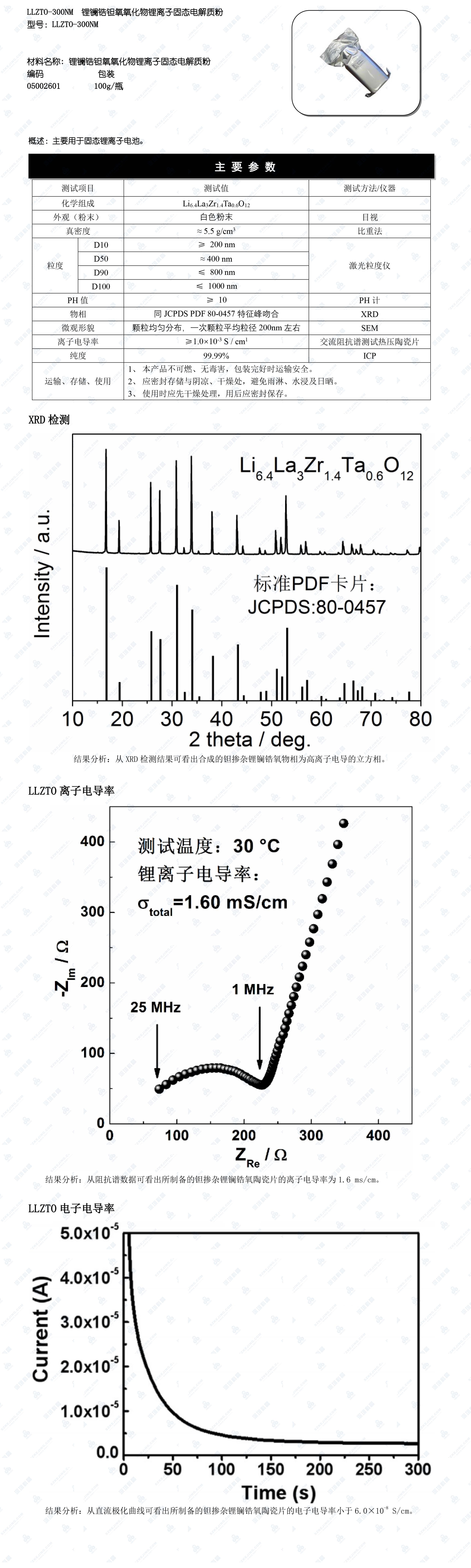 LLZTO-300nm Li6.4La3Zr1.4Ta0.6O12 锂镧锆钽氧氧化物锂离子固态电解质粉_科晶材料商城